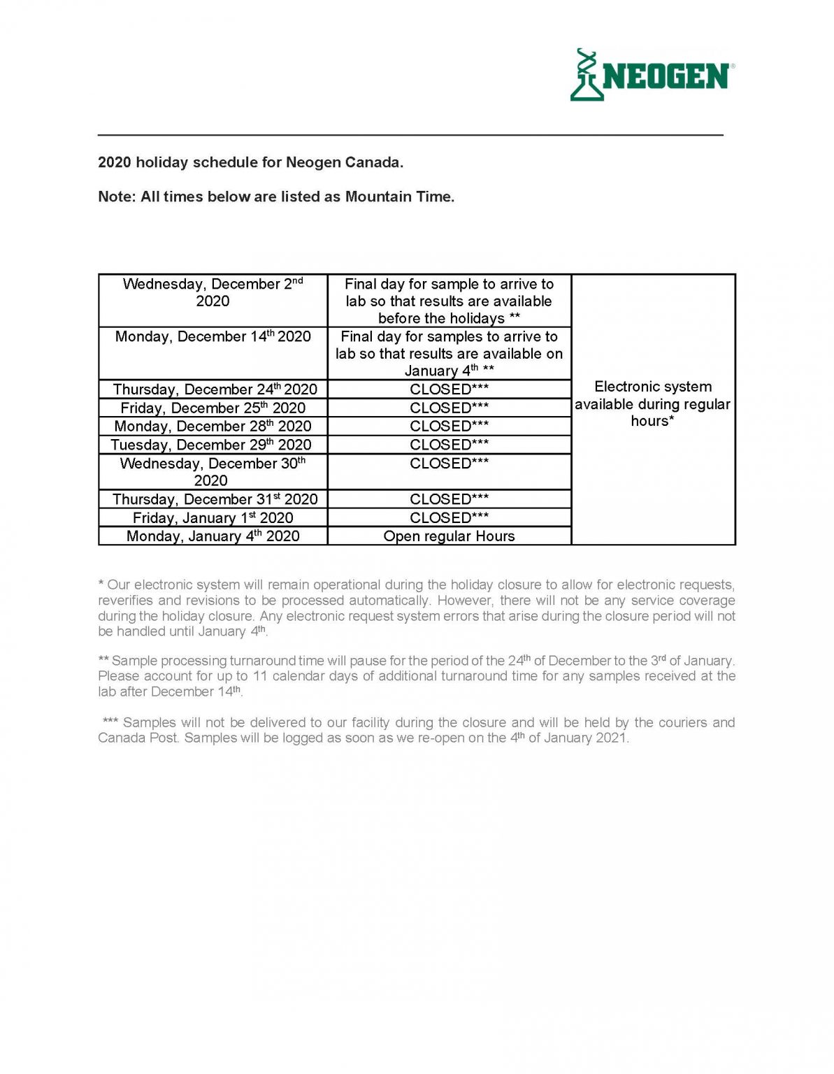 2020 Holiday Schedule for Neogen Canada – Salers Association of Canada